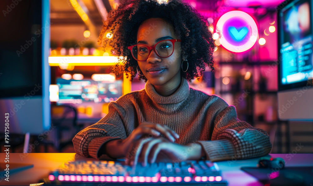 Black Female Developer Coding in Vibrant Office, Neon Lights Glow on Focused Face, Screen View ...