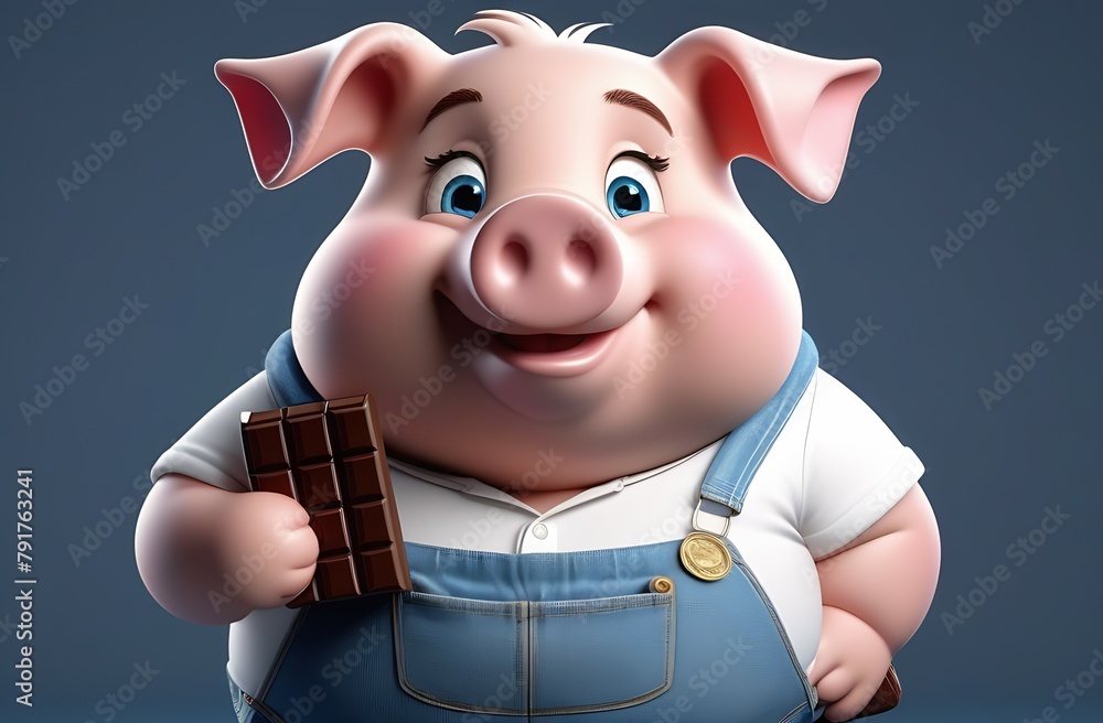 Joyful fat cartoon pig in white T-shirt, denim overalls holds big ...