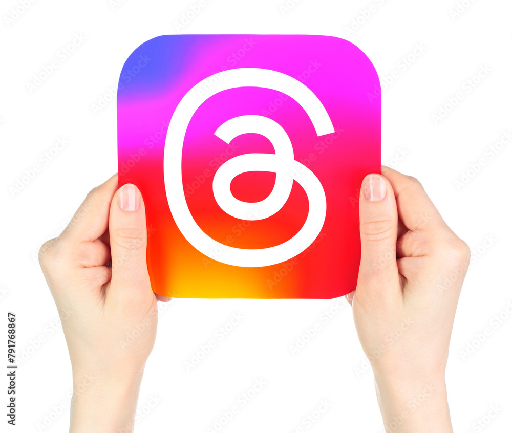 Hands holding paper Threads mobile app icon, on transparent background ...