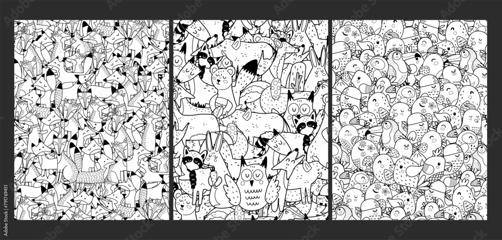 Doodle coloring pages set with cute animals. Adorable templates for ...