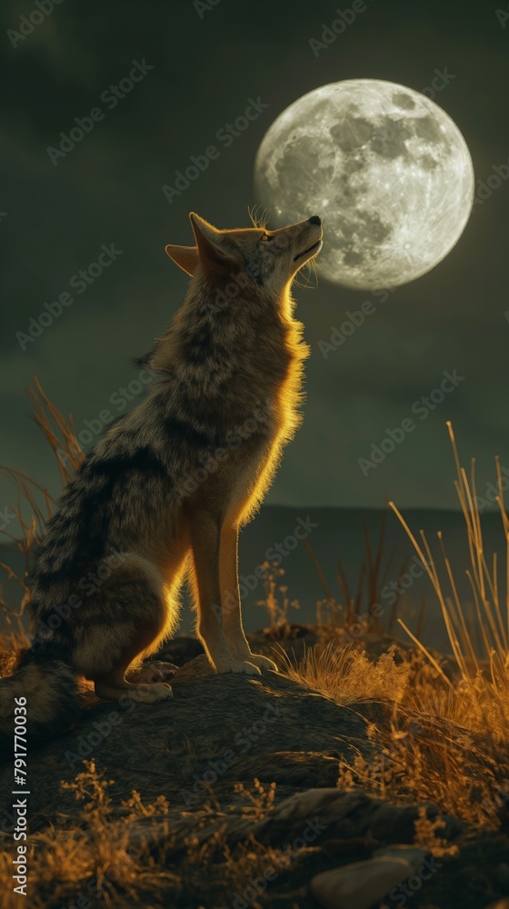 An evocative image of a coyote howling at the moon, capturing the ...