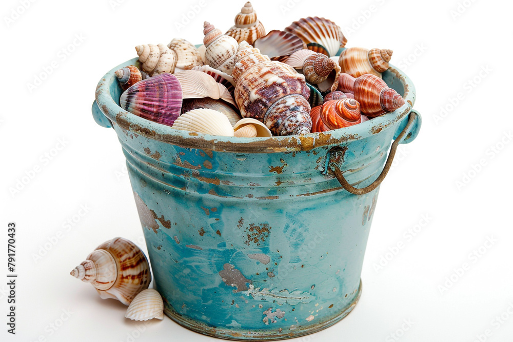 A family's beach bucket filled to the brim with seashells of various ...