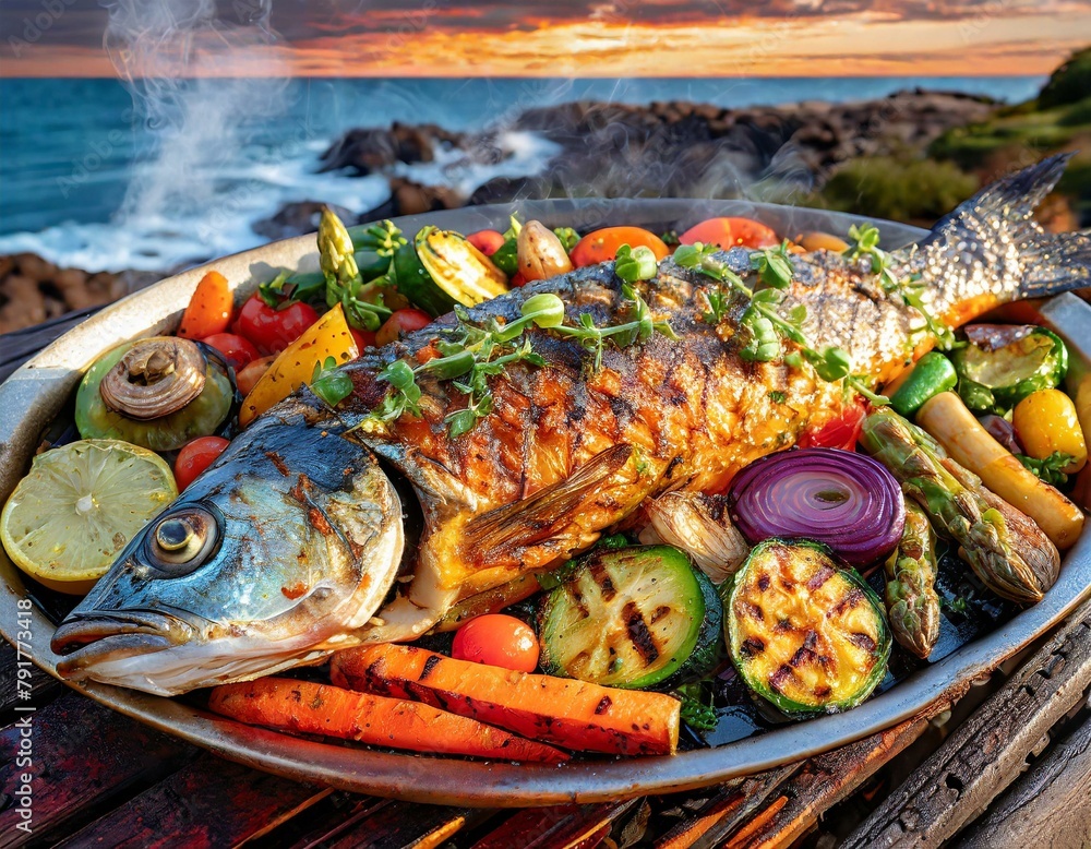 Capture the sizzle and steam of a freshly grilled entire fish, adorned ...