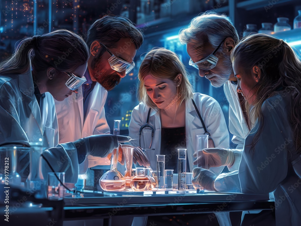 A group of scientists are gathered around a table, working on an ...