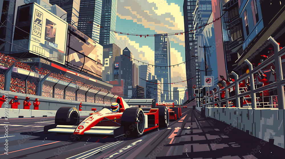 pixel art scene of a Formula One race unfolding in a vibrant pixelated ...