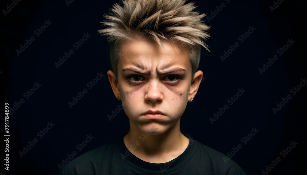 spoilt brat teenager punk rebel frowning attitude angry face front on ...