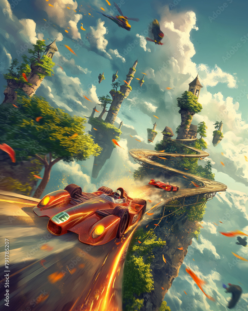 illustrate a Formula One race where spellcasters use enchanted vehicles ...