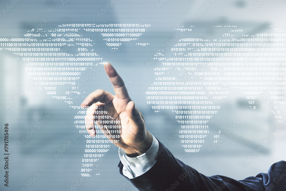 Man hand clicks on abstract creative digital world map on blurred ...