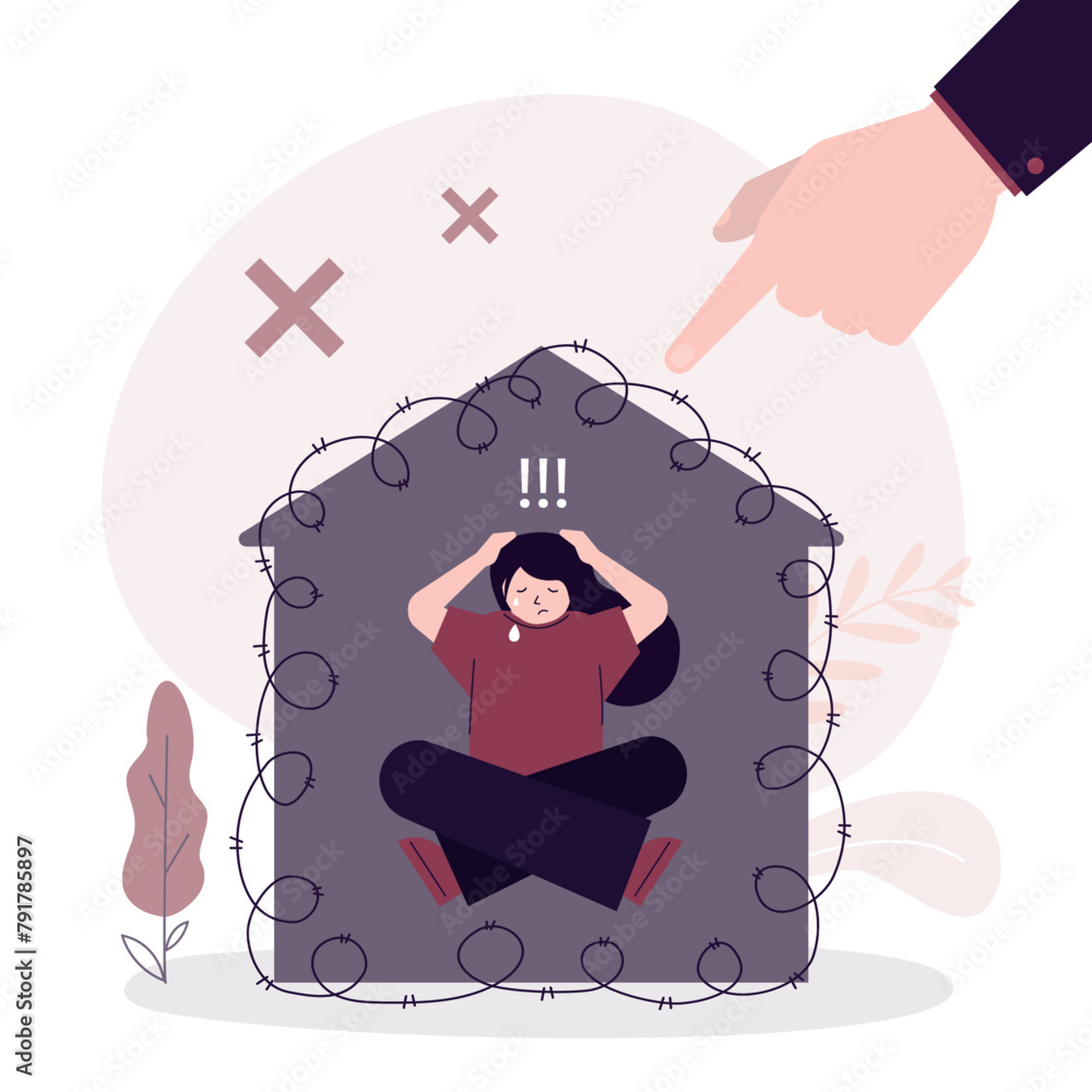 Crying young girl sitting in house building tied with barbed wire ...