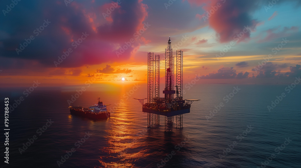Aerial view offshore drilling rig at the offshore location during ...