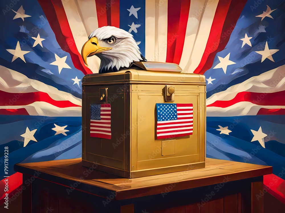 Eagle stands at ballot box, american flag backdrop evokes patriotic ...