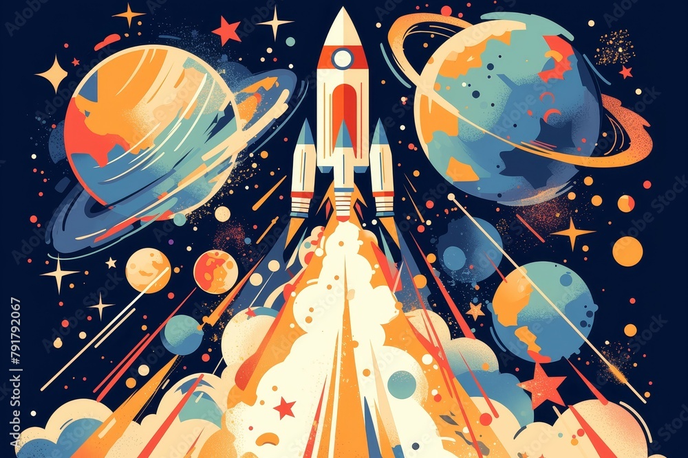 Cartoon rocket flying to the moon against a space background with ...