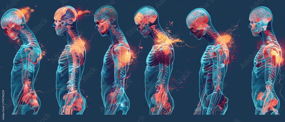 Illustration of body pain, injury icon set, anatomy silhouette. Design ...