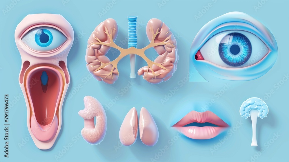 Set of five human senses icons: vision (eye), taste (mouth), smell ...