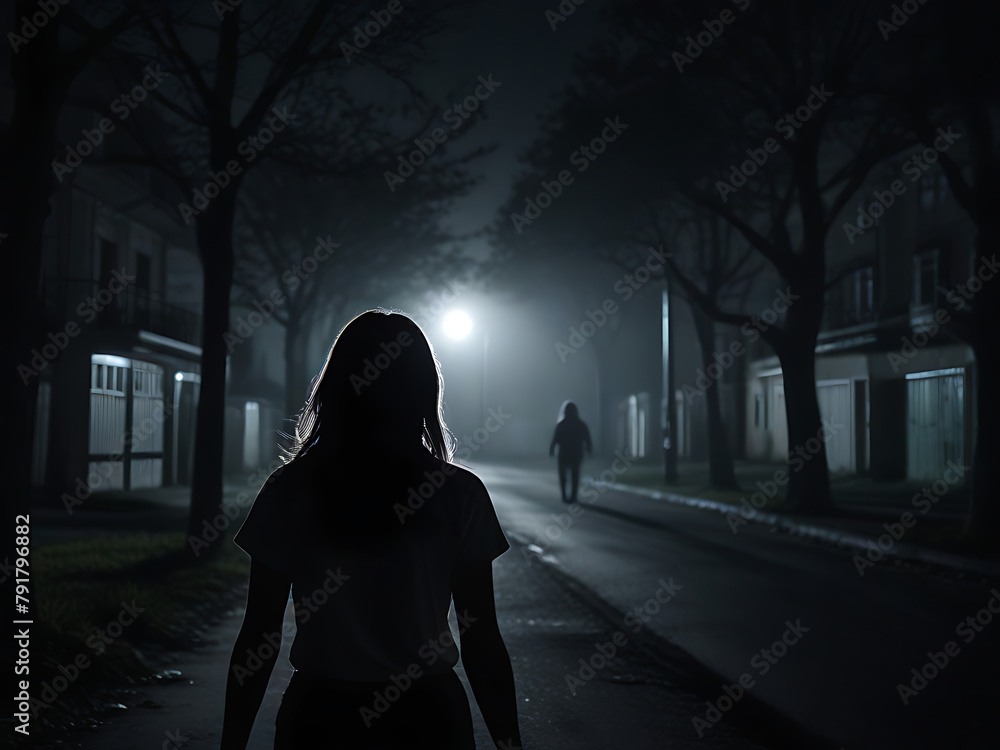 Back view Silhouette of a young woman walking home alone at night ...