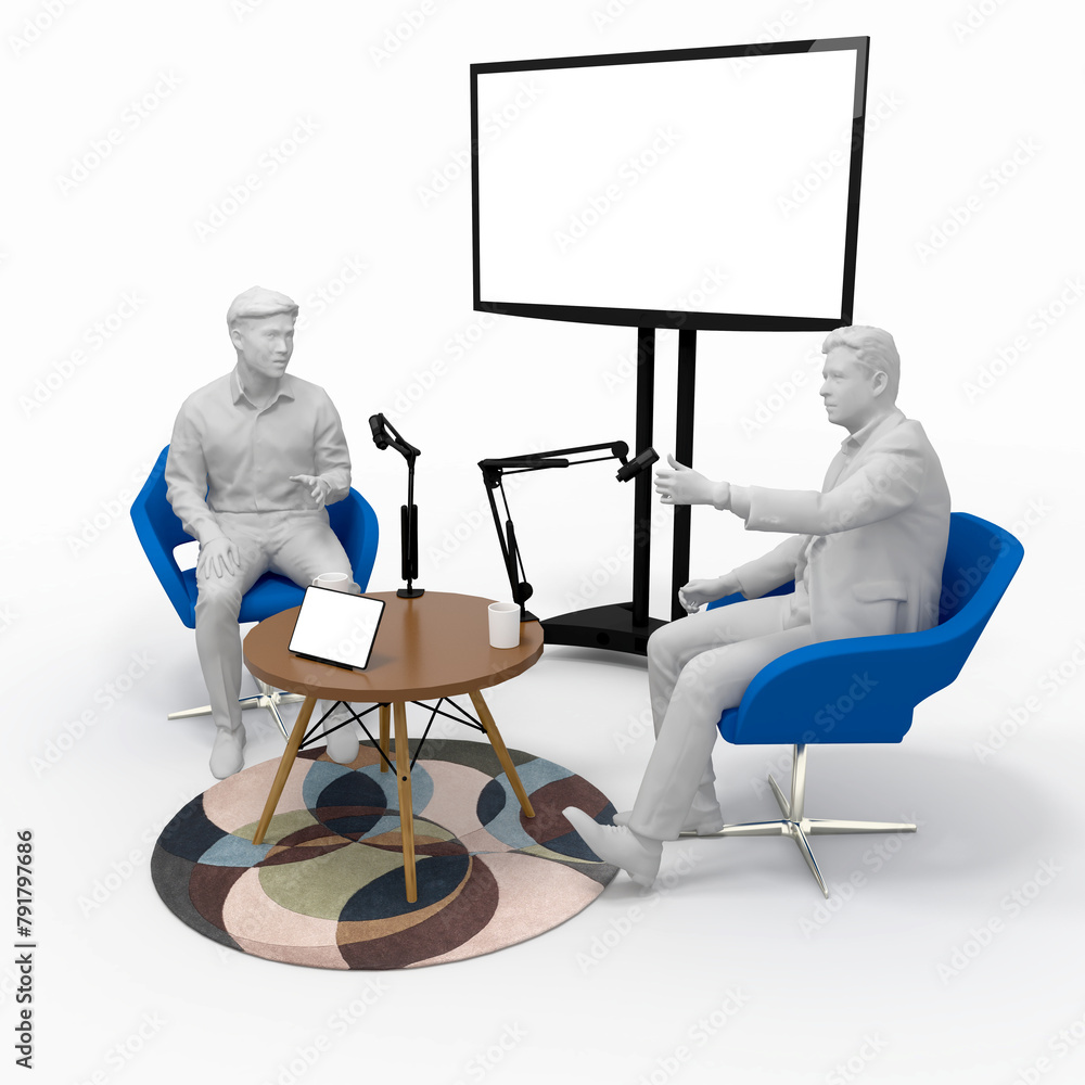 3d illustration podcast studio interview talkshow using microphone with ...