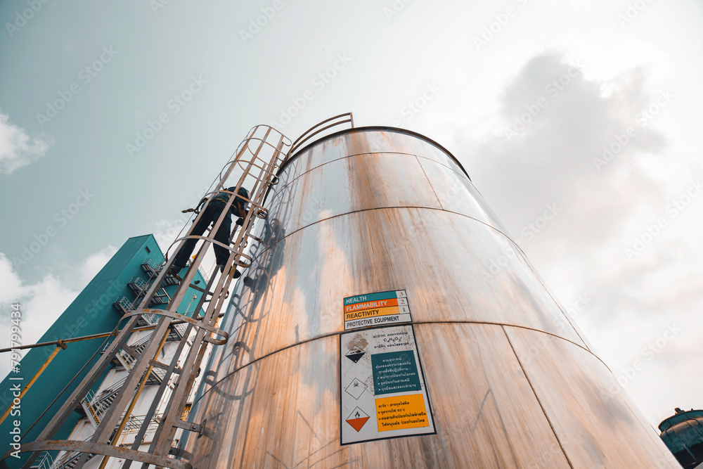 Top view male worker climbs up the ladder inspection stainless tank ...