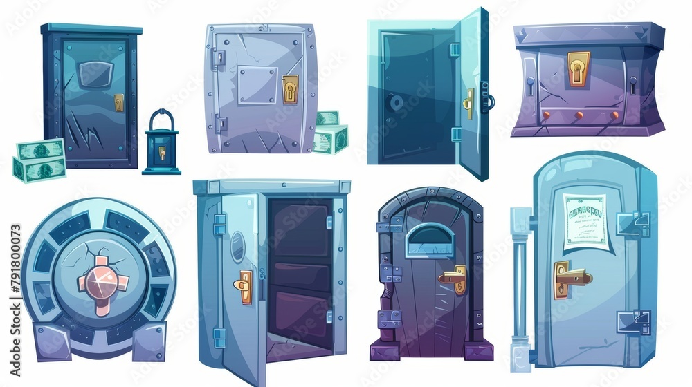 Cartoon illustration of a bank vault, round metal safe doors with ...