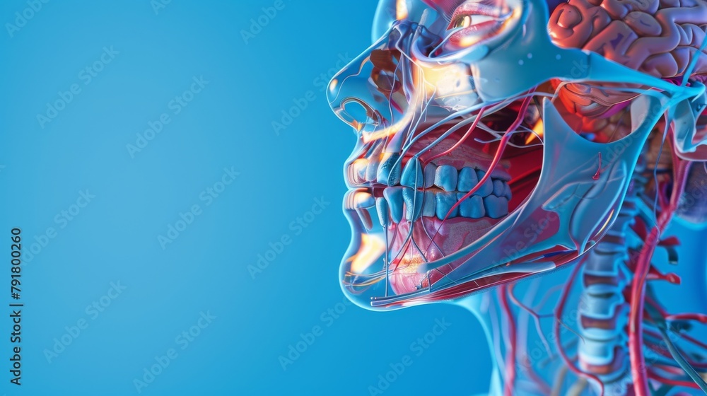 3D illustration of facial anatomy, jaw, cheeks, nose. Muscular,skeletal ...