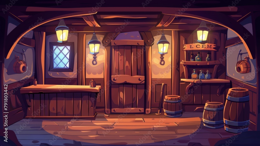 There is an empty interior for a cowboy saloon in a western retro bar ...