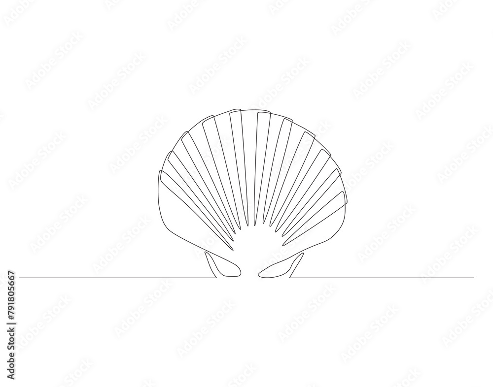 Continuous line drawing of scallop shellfish. One line of shellfish ...
