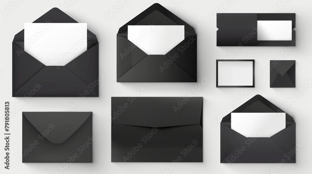 Mock up of a white envelope, a letter package with black sheets, and a ...