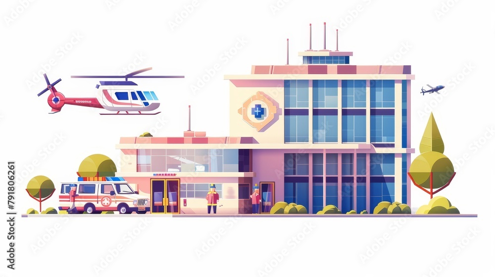 Modern cartoon illustration of a hospital building, ambulance car ...