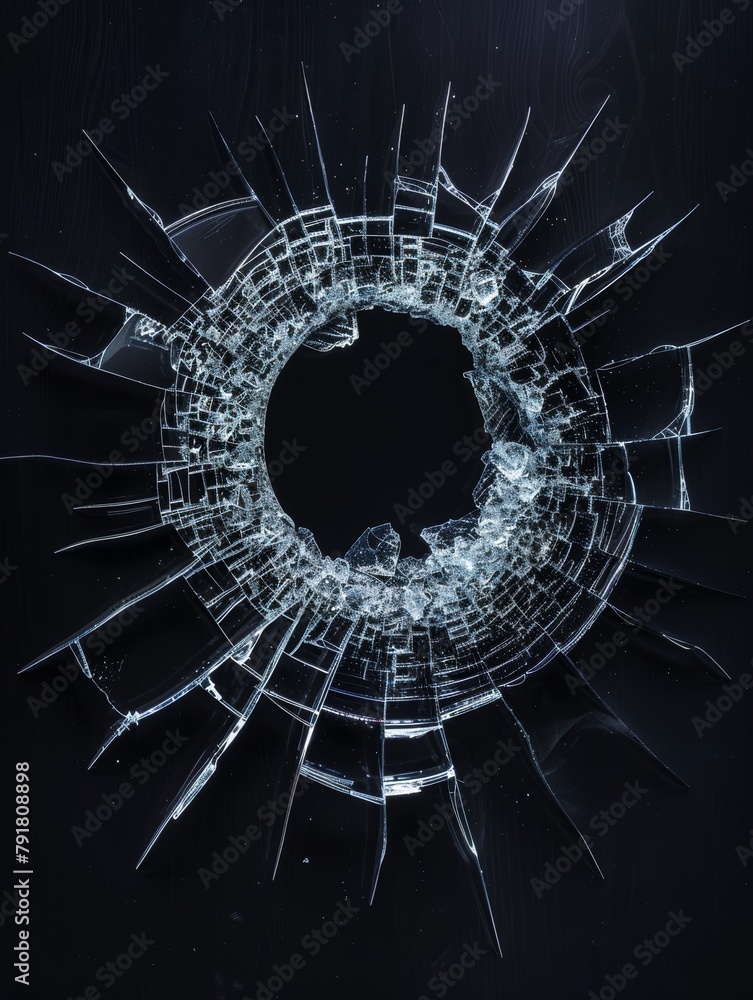 The pristine clarity of a bullet hole through glass, with radial cracks ...