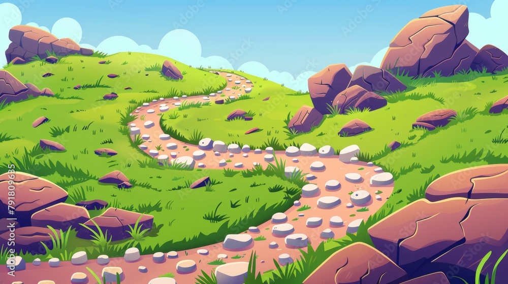 Infographic with road top view and steps time line, curve path, rocky ...