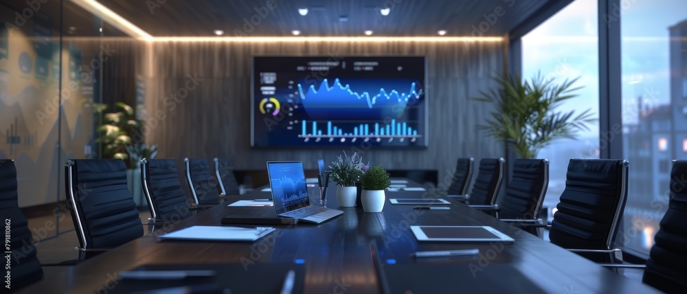 Meeting room with big conference table, laptops, and television on wall ...