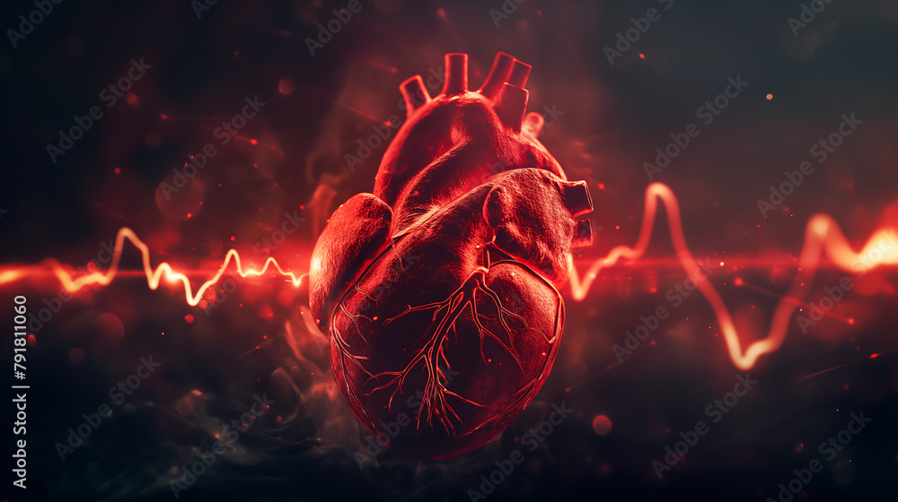 Human heart with red cardio pulse line, Human heart with cardiogram for ...