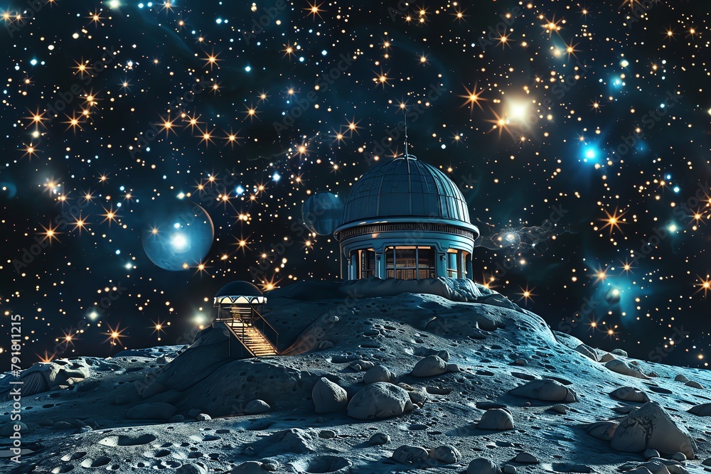 An astral observatory on a distant moon, surrounded by sparkling stars ...