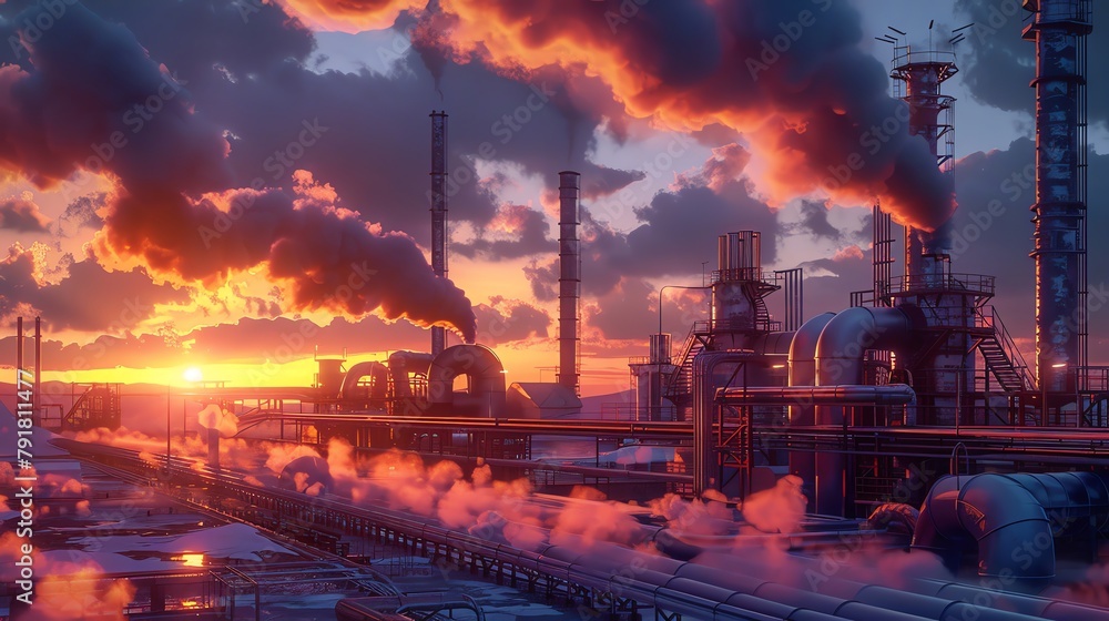Carbon capture facility, steaming pipes, industrial sunset, wide angle ...