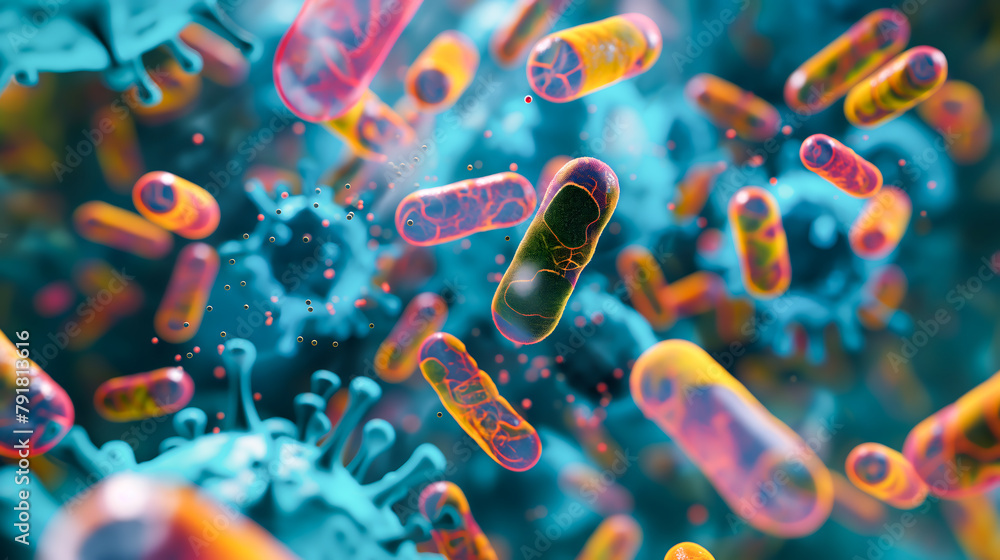 Science and medical microbiology illustration, microscopic of ...