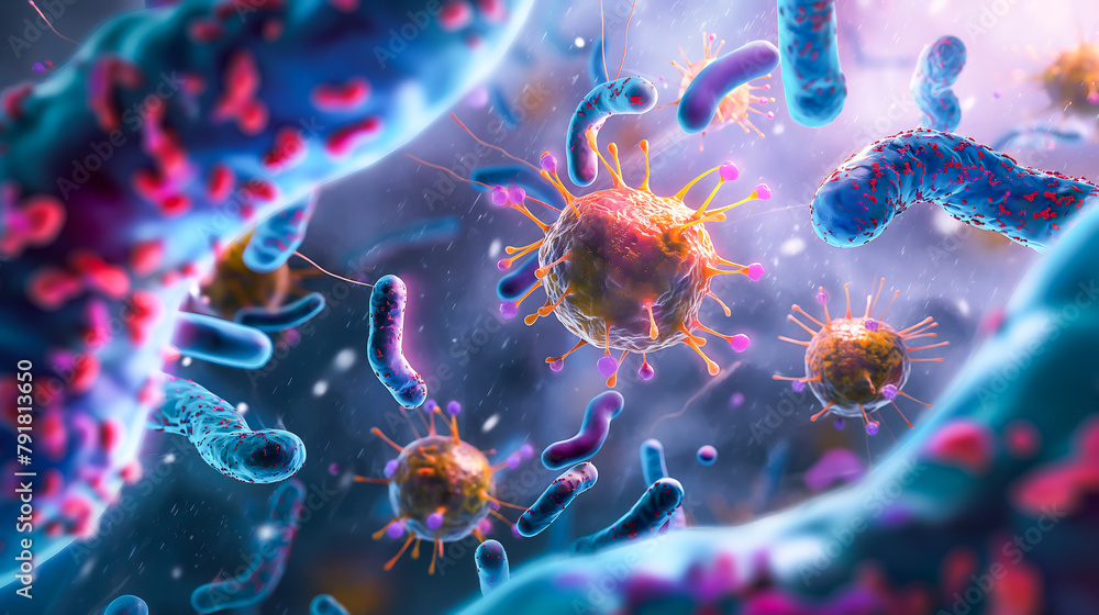 Science and medical microbiology illustration, microscopic of ...