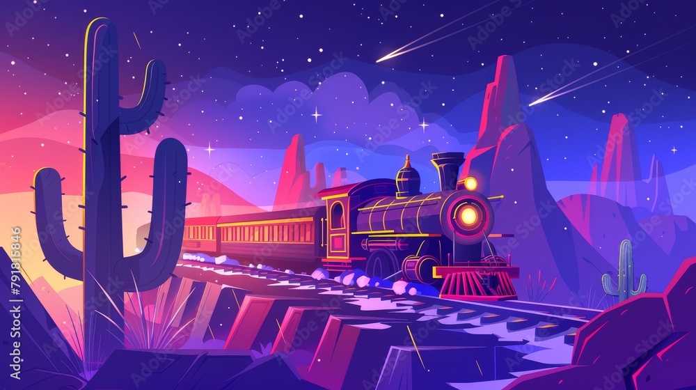 Animated railroad cartoon with steam train riding night in Wild West ...