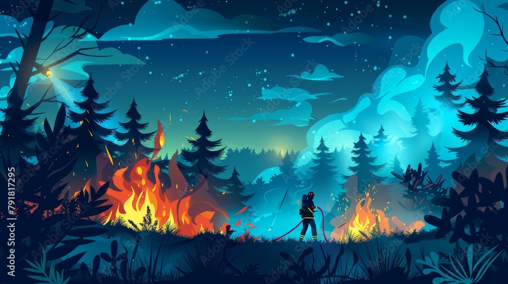 Fire landing page with burning forest and fireman at night in modern ...