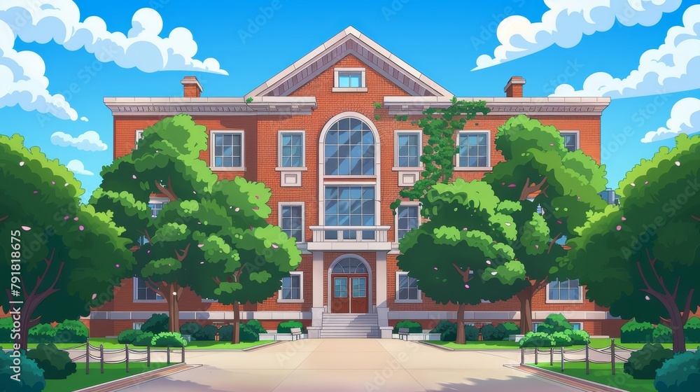 Cartoon illustration of a classic university campus, library or high ...