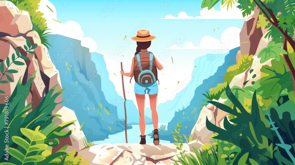Modern illustration of a woman hiking in a canyon with a stick and a ...