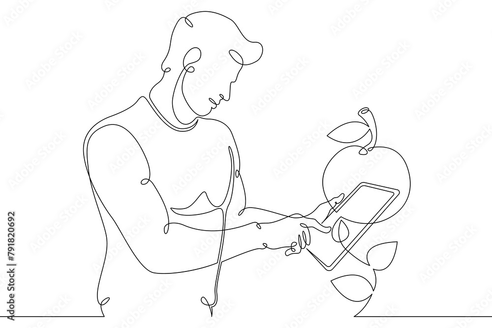 One continuous line.Augmented reality. Agronomist bioengineer using a ...