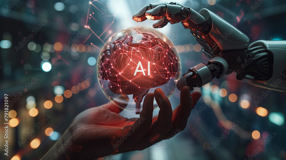 AI, Machine learning, Hands of robot and human touching on brain ...