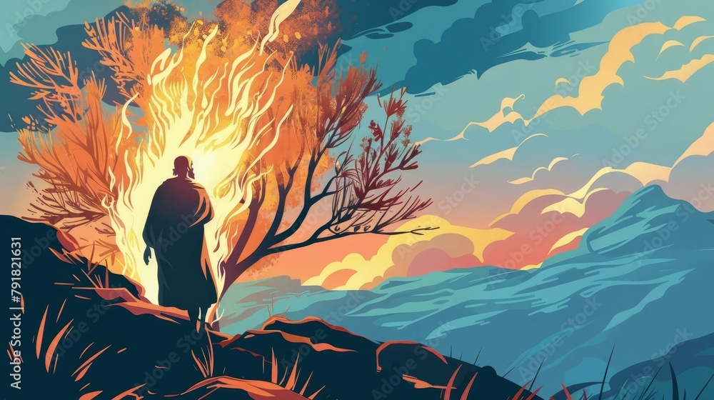 god appearing to moses in burning bush on mount sinai biblical scene ...