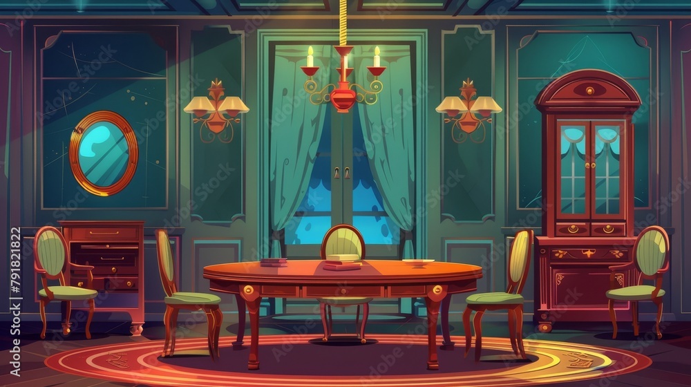 Typical Victorian dining room interior with wooden table, chairs, and ...