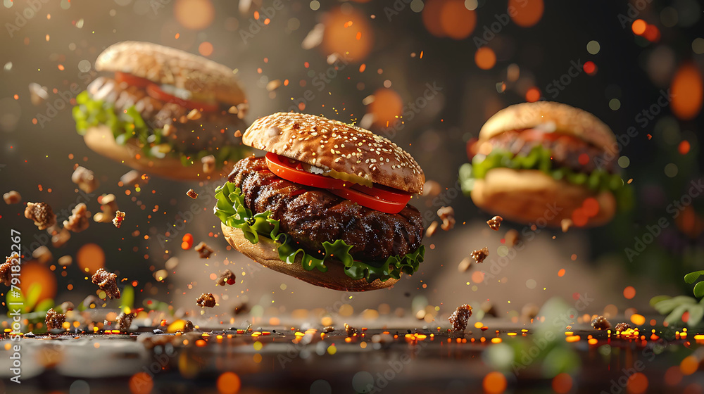 Foto de Grill burger, realistic 3d burgers falling in the air, grilled ...