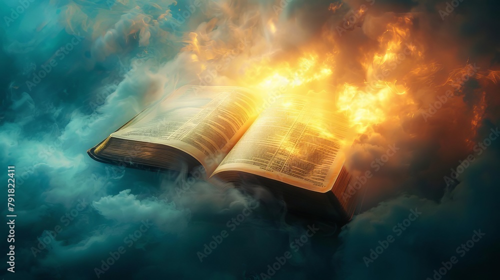 holy bible with glowing light in clouds way to salvation and gods word ...