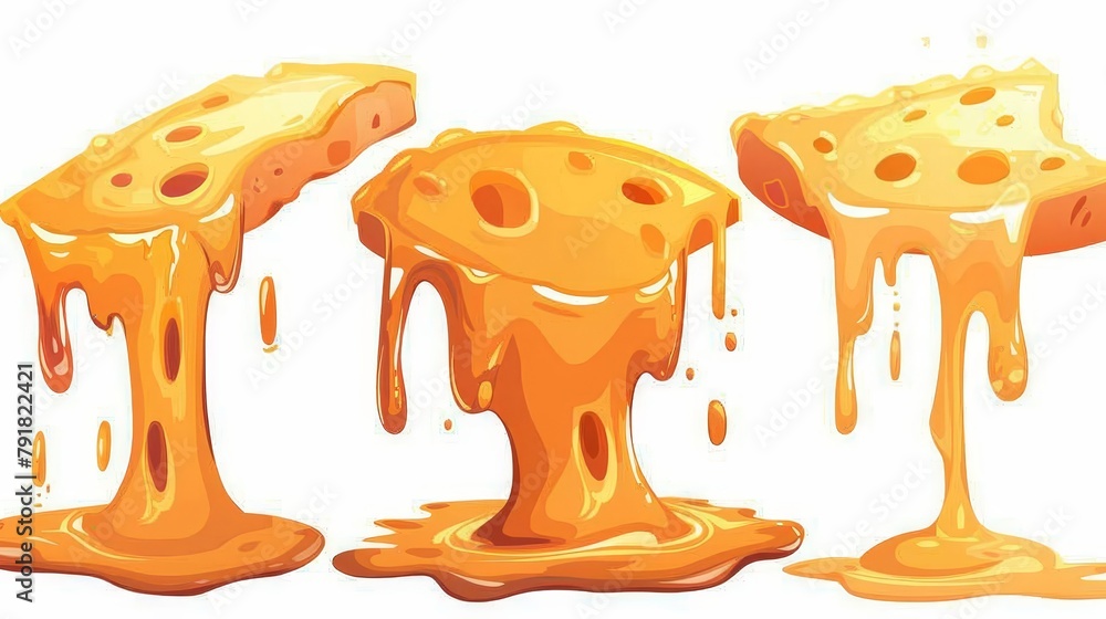 Illustration of melted cheese, cartoon mellow pieces with drip ...