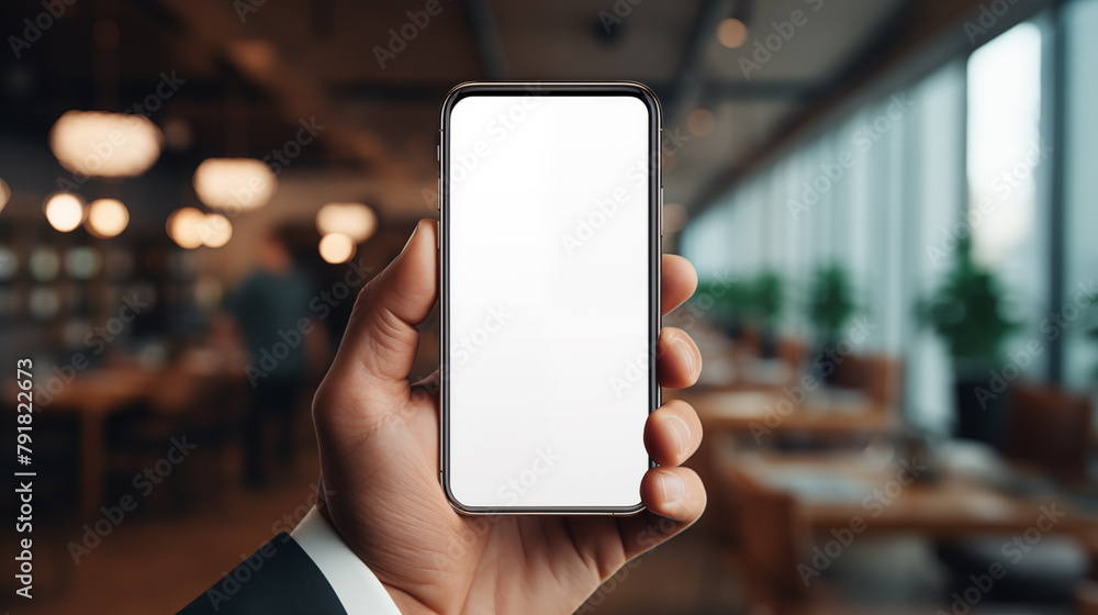 Suit hand showcasing smartphone mockup in modern cafe setting. Coffee ...