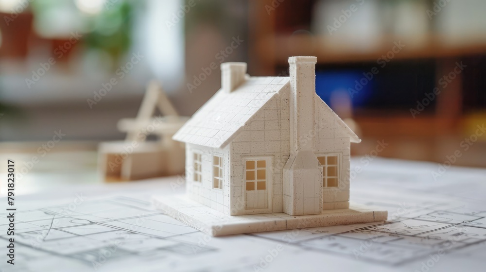 A close-up shot of a small-scale house model resting on a blueprint ...