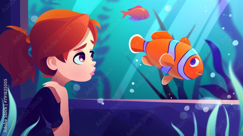 Animated cartoon illustration showing tropical marine animals in a fish ...