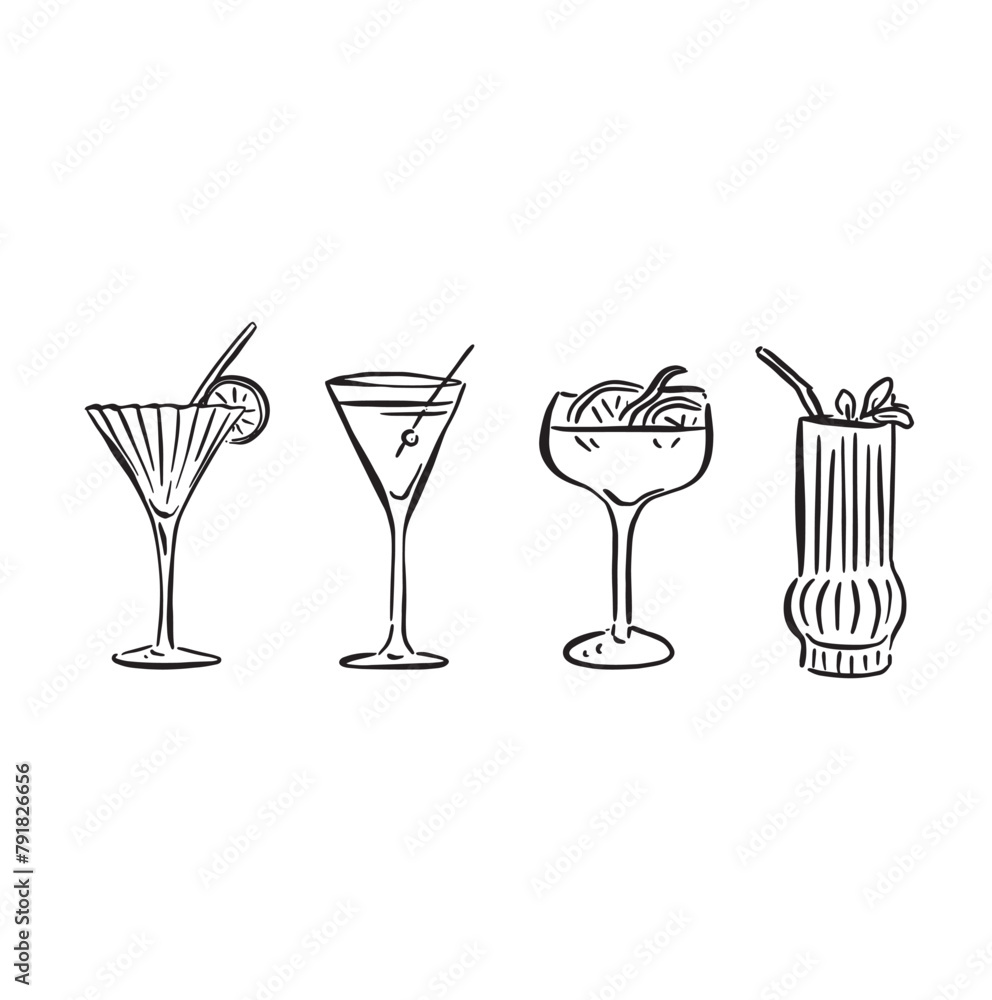 A line drawn illustration of individual cocktails in a sketchy style ...